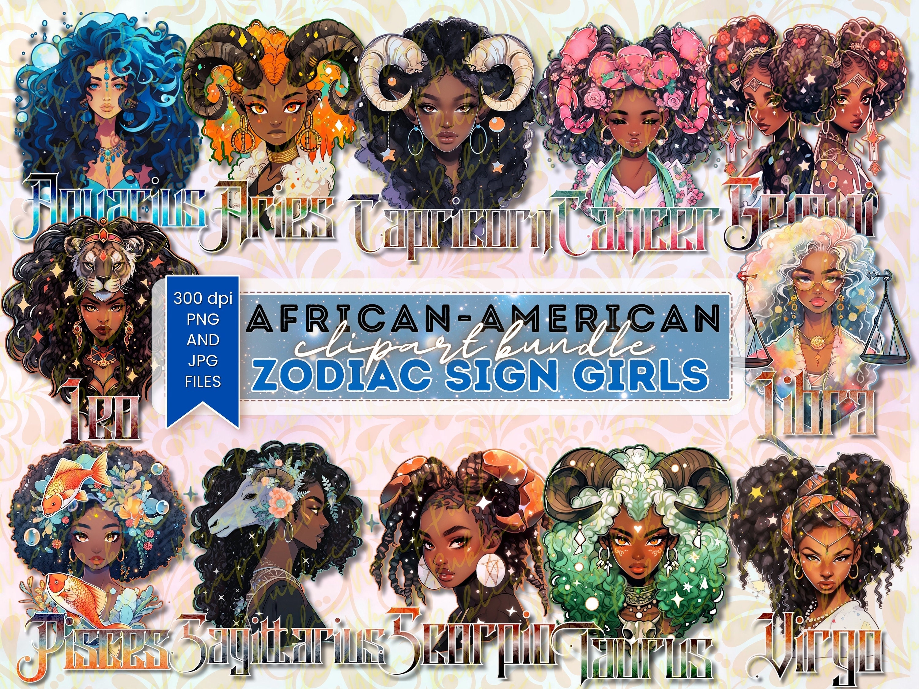 African American Zodiac Sign Girls Clipart, Digital Download, Cute ...
