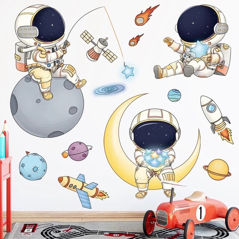 Space Astronaut Wall Decal Kids Room Decor Cartoon Astronaut Sticker Nursery Wall Art Children's ...