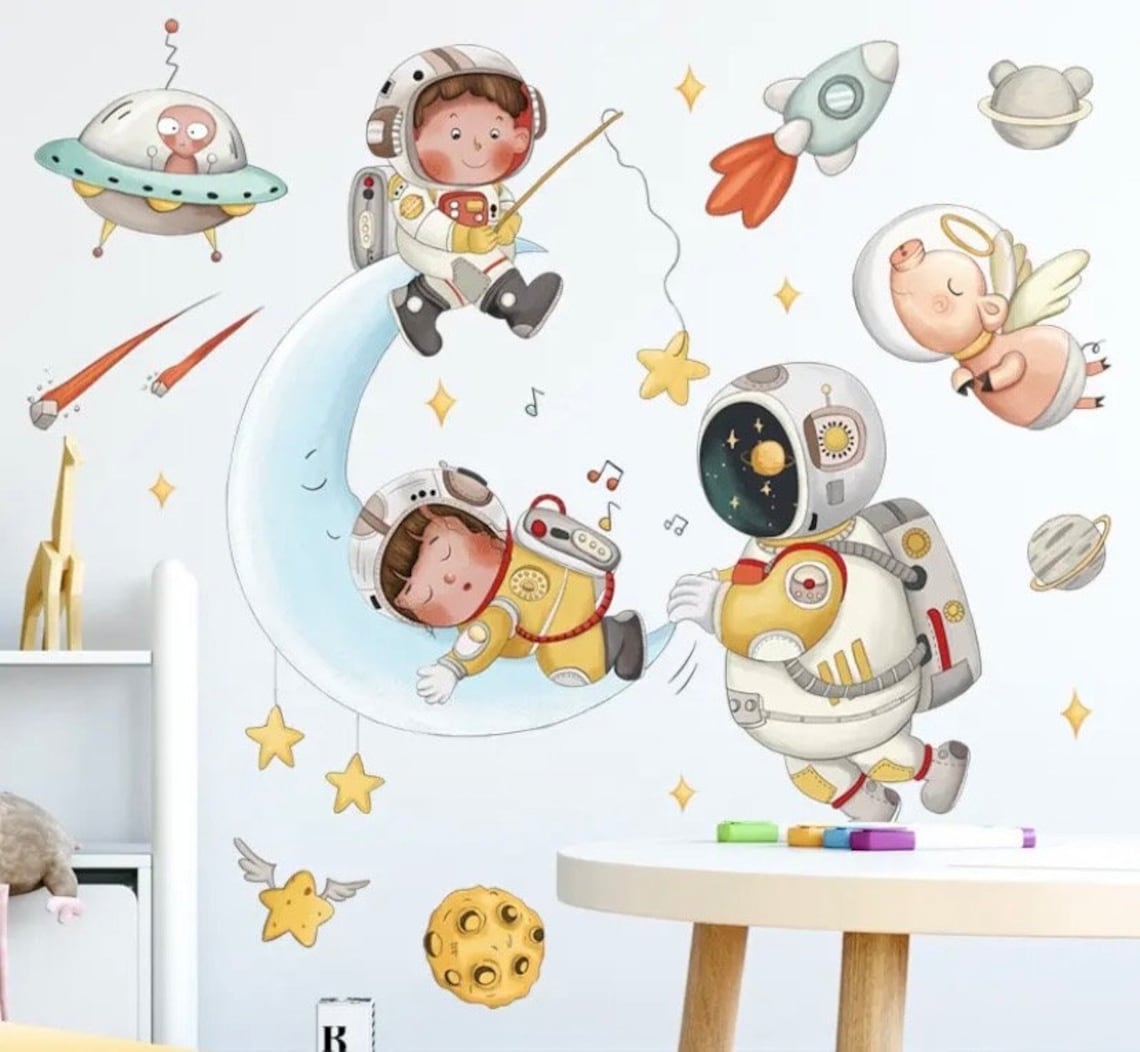 Space Astronaut Wall Decal - Kids Room Decor - Cartoon Astronaut Sticker - Nursery Wall Art ...