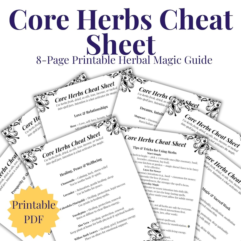 Core Herbs Cheat Sheet • 8-page Printable Herbal Magic Guide ...