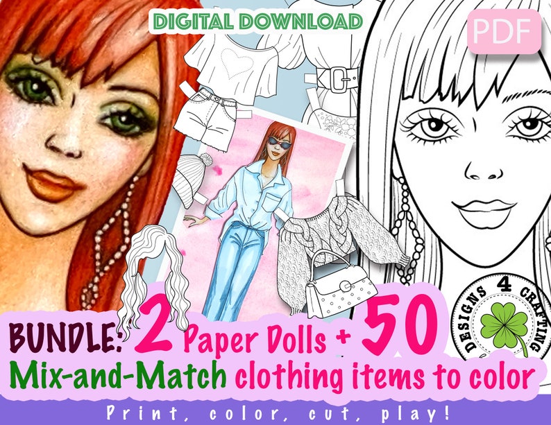 Printable Paper Dolls Bundle, Paper Dolls Set With Mix-and-match ...
