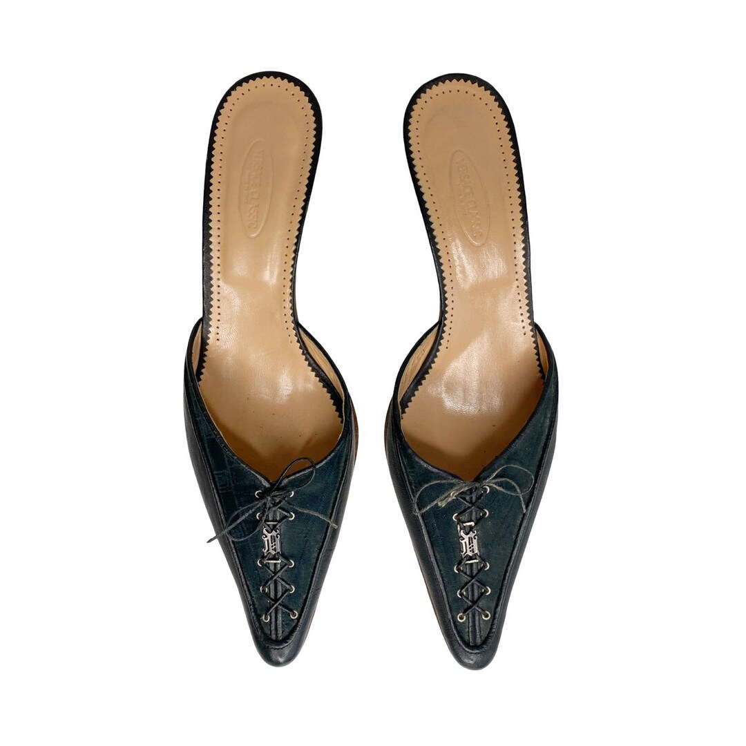 Vintage Versace Black Leather Lace up Cowboy Western Mules - Etsy