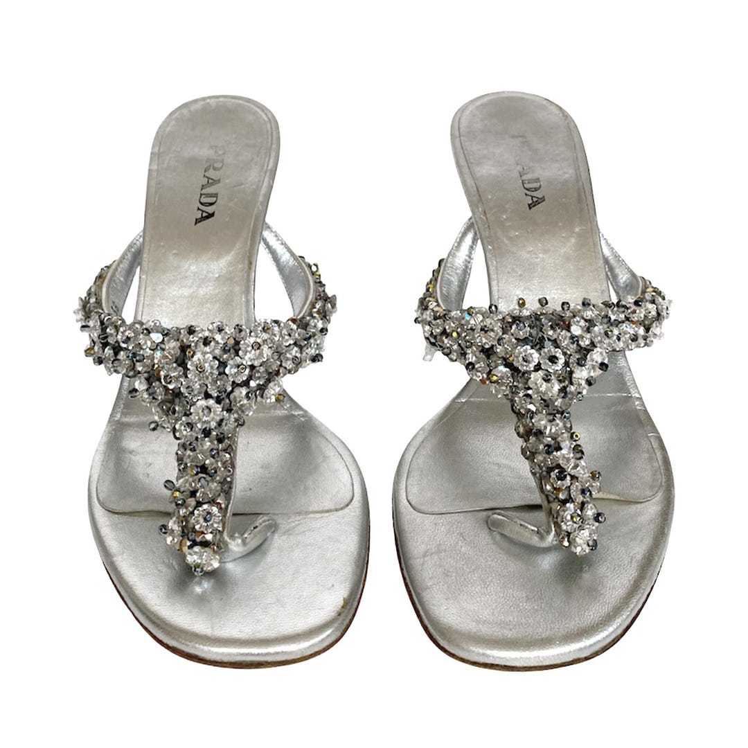 Vintage 2000s Prada Crystal and Rhinestone Silver Leather Heeled Thong ...