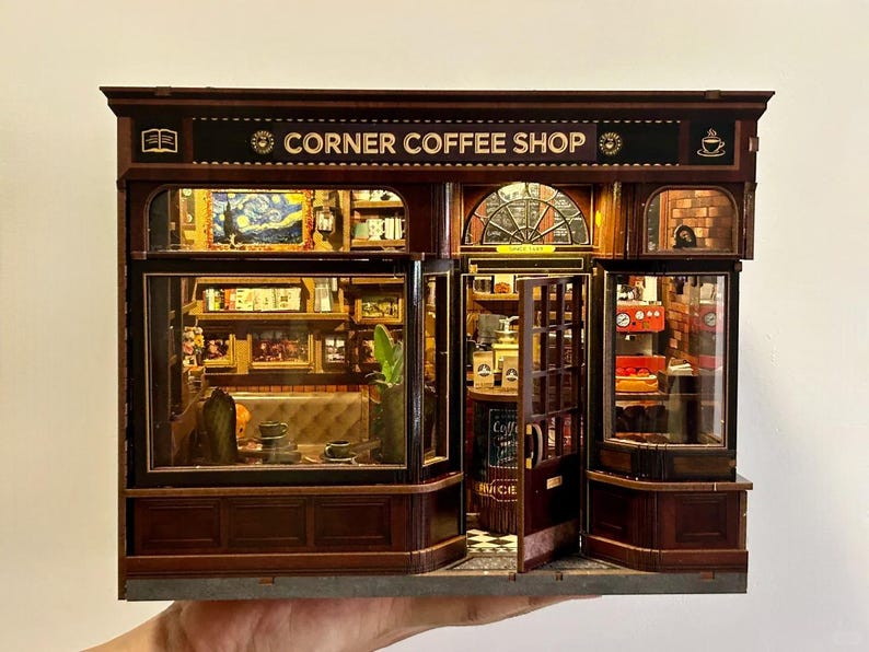 Wooden Craft Corner Coffee Shop House DIY Miniature Openable Side Door ...