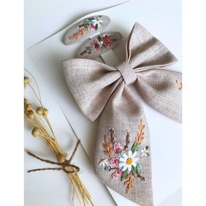 Personalized Beige Embroidered Hair Bow, Hair Accessories - Etsy