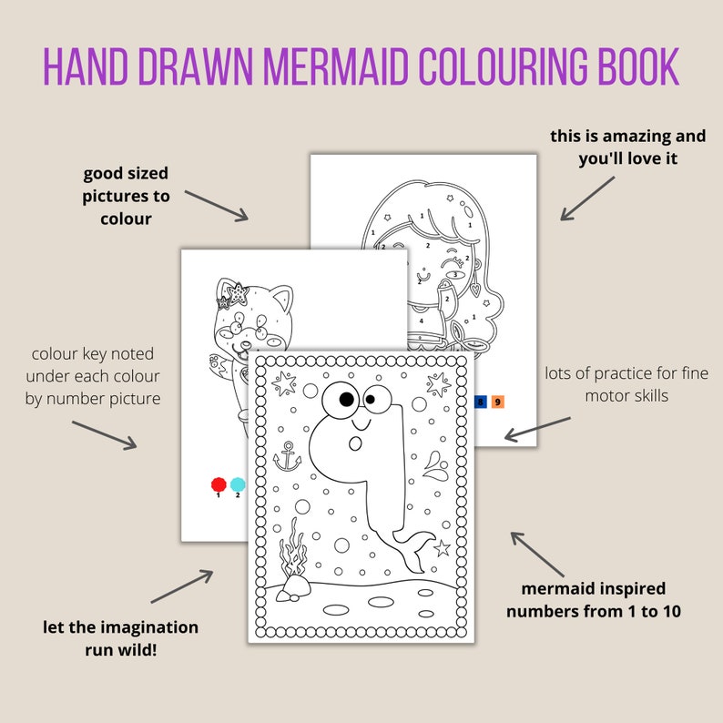 PRINTABLE DIGITAL FILE - Mermaid Colouring Book Including Numbers 1 to ...