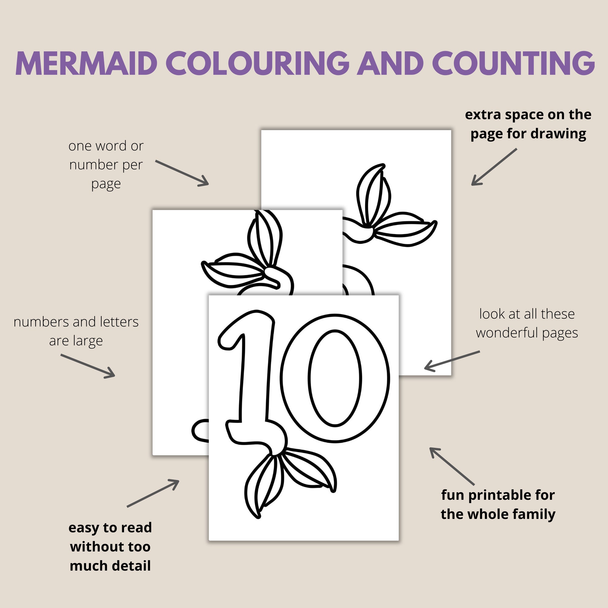 PRINTABLE DIGITAL FILE - Mermaid Colouring and Counting, Colouring Book ...
