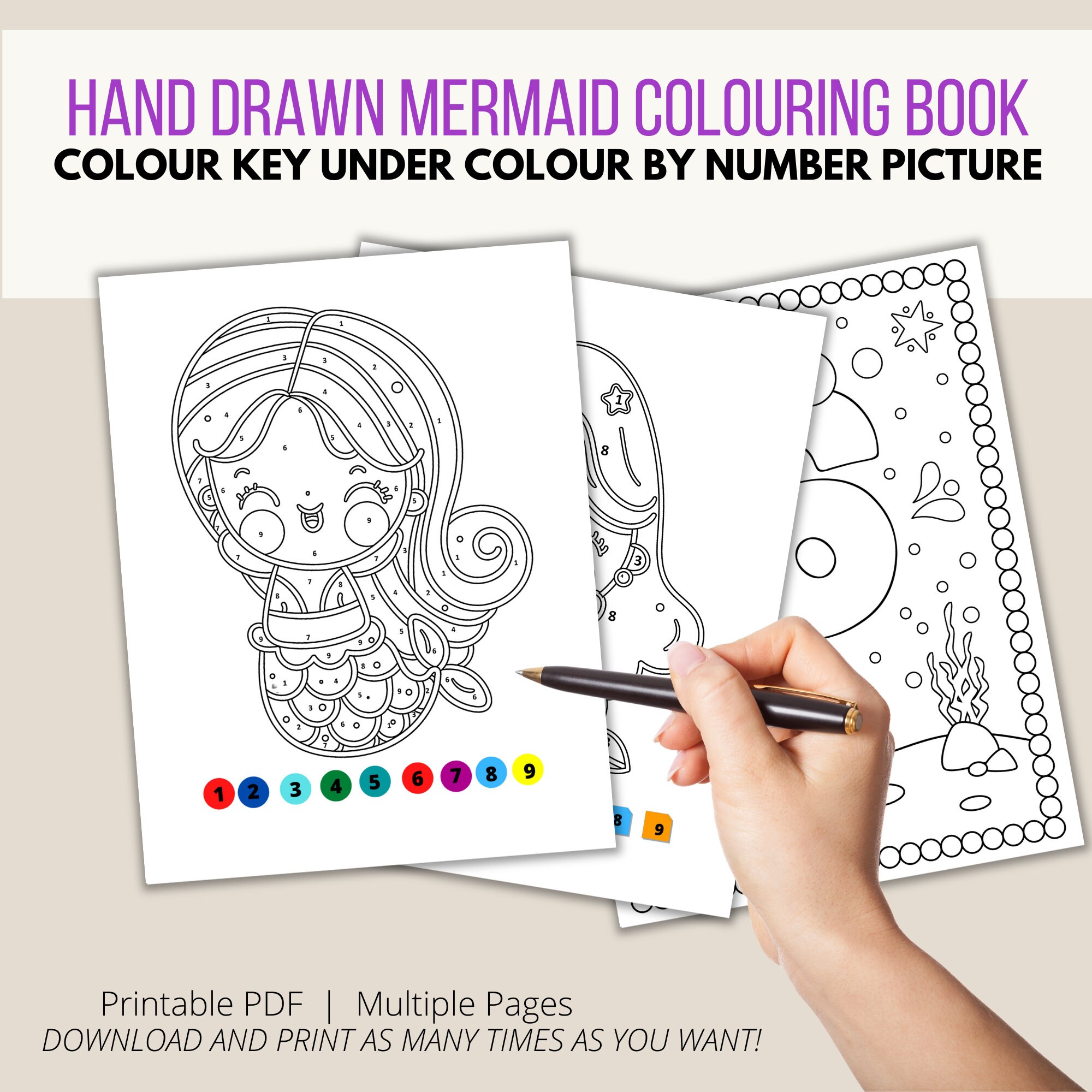 PRINTABLE DIGITAL FILE - Mermaid Colouring Book Including Numbers 1 to ...