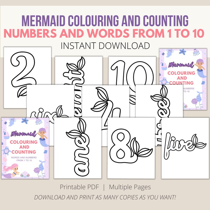 PRINTABLE DIGITAL FILE Mermaid Colouring and Counting, Colouring Book ...