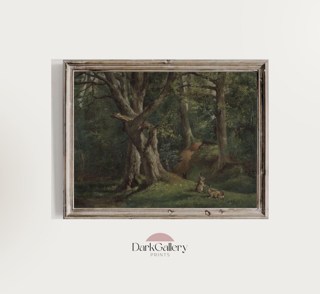 Rabbits in Woodland Dark Forest Print Vintage Moody Wildlife - Etsy