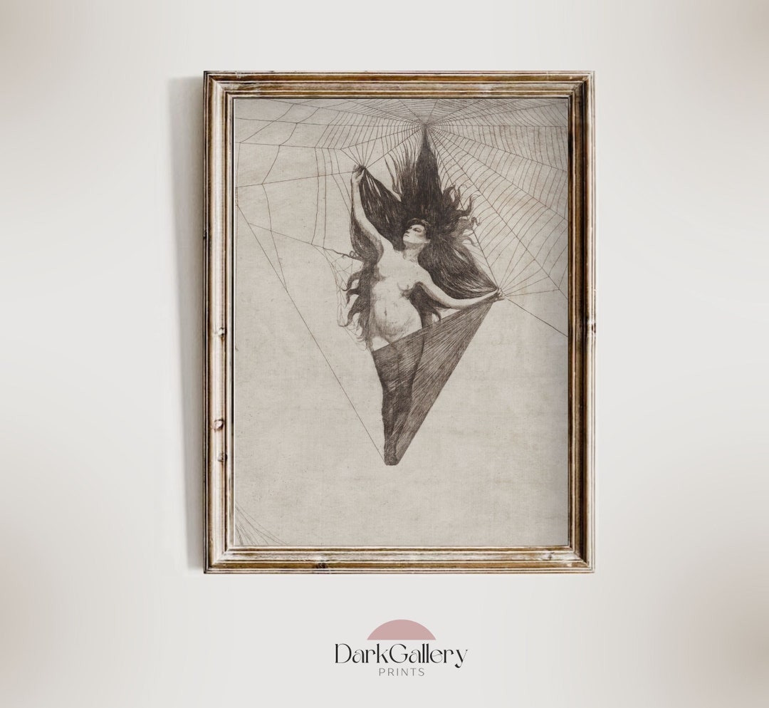 Woman Weaving Spider Web Vintage Etching Digital Print Gothic Art ...