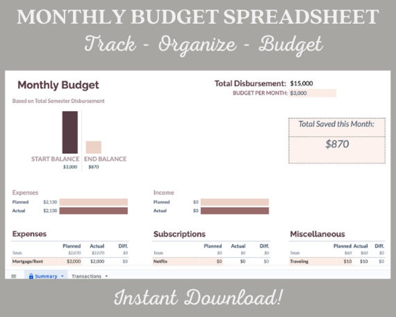 Budget Spreadsheet for Students - Etsy