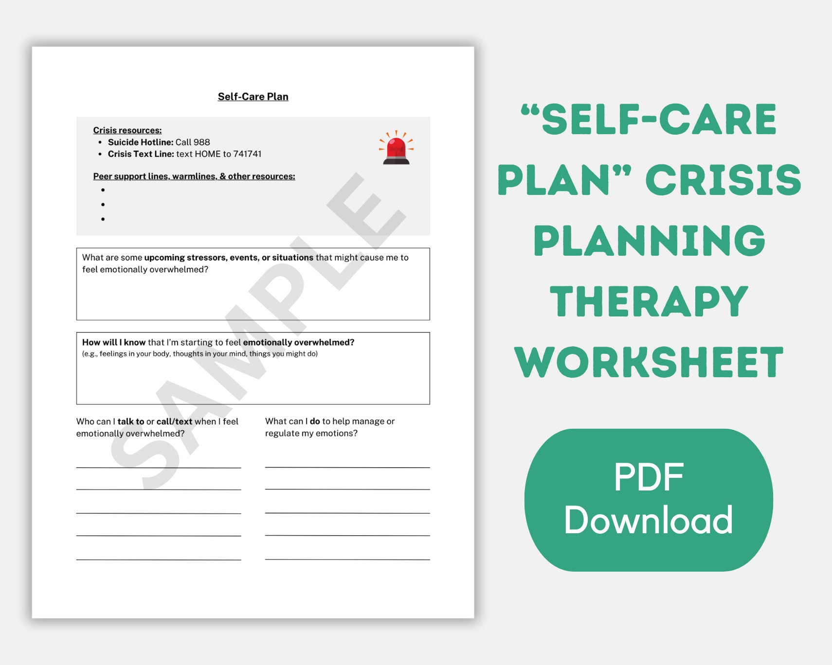 Crisis Prevention Self-care Plan Worksheet for Therapy Based on ...