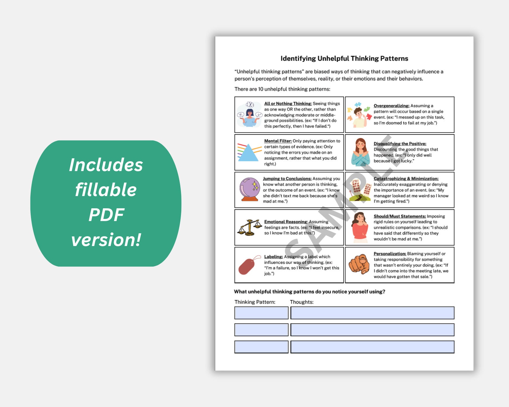Unhelpful Thinking Styles/cognitive Distortions Worksheet and Log for ...