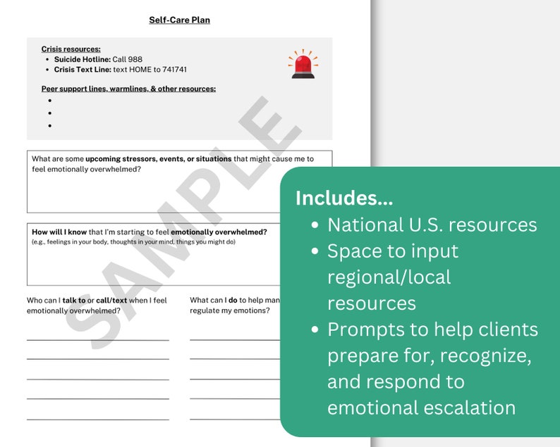 Crisis Prevention Self-care Plan Worksheet for Therapy | Based on ...