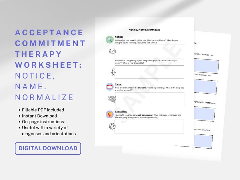 Notice, Name, Normalize Acceptance Commitment Therapy ACT Worksheet for ...
