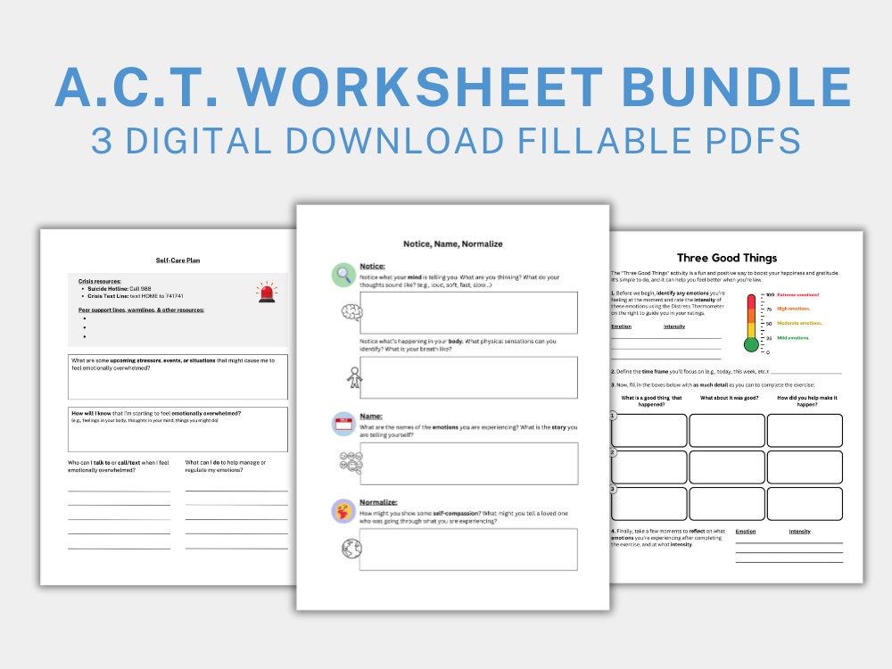 Acceptance Commitment Therapy Worksheets Bundle: Set of 3 Fillable Pdfs ...