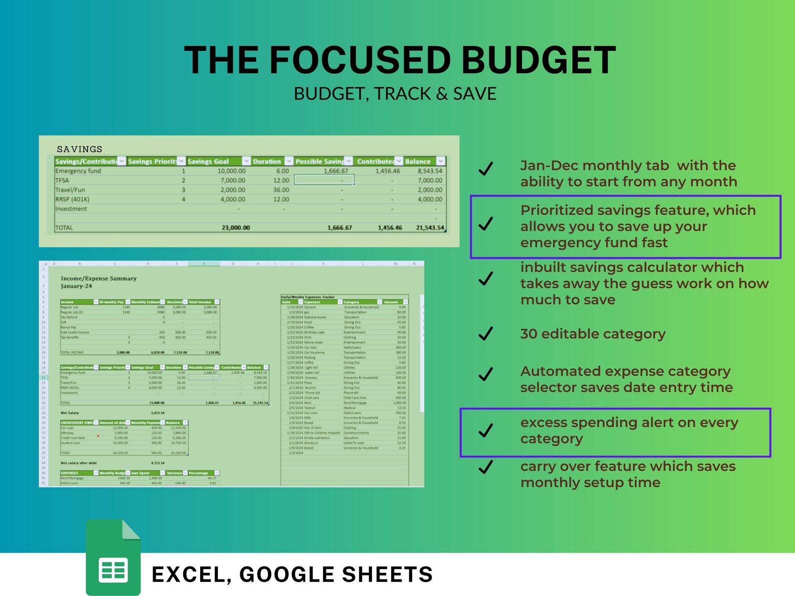 Monthly and Bi-weekly Budget Template, Expense Tracker, Savings and ...