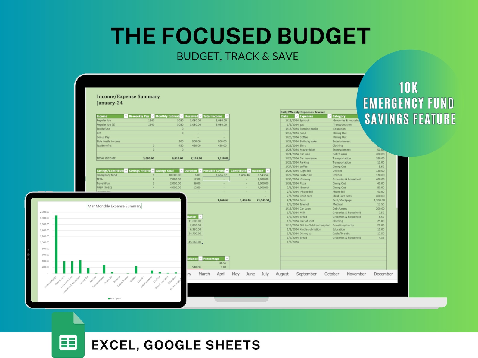 Monthly and Bi-weekly Budget Template, Expense Tracker, Savings and ...