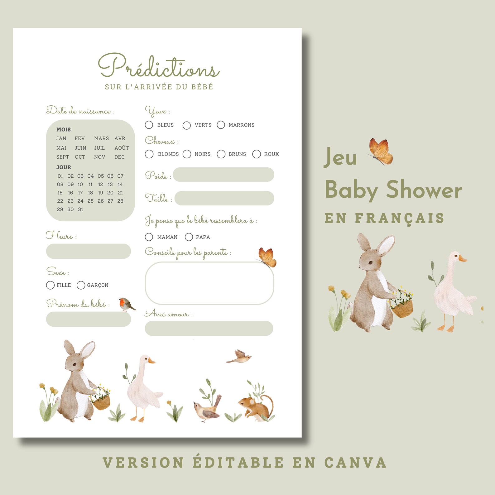 Jeu Prédictions Carton Prédiction Shower De Bébé En Français Naissance ...