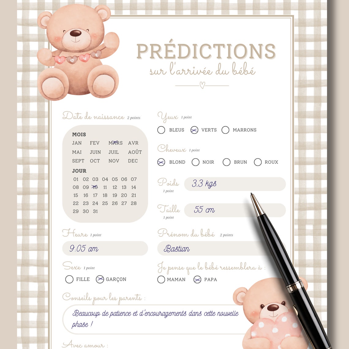 Jeu Prédictions Carton Prédiction Shower De Bébé En Français Naissance ...