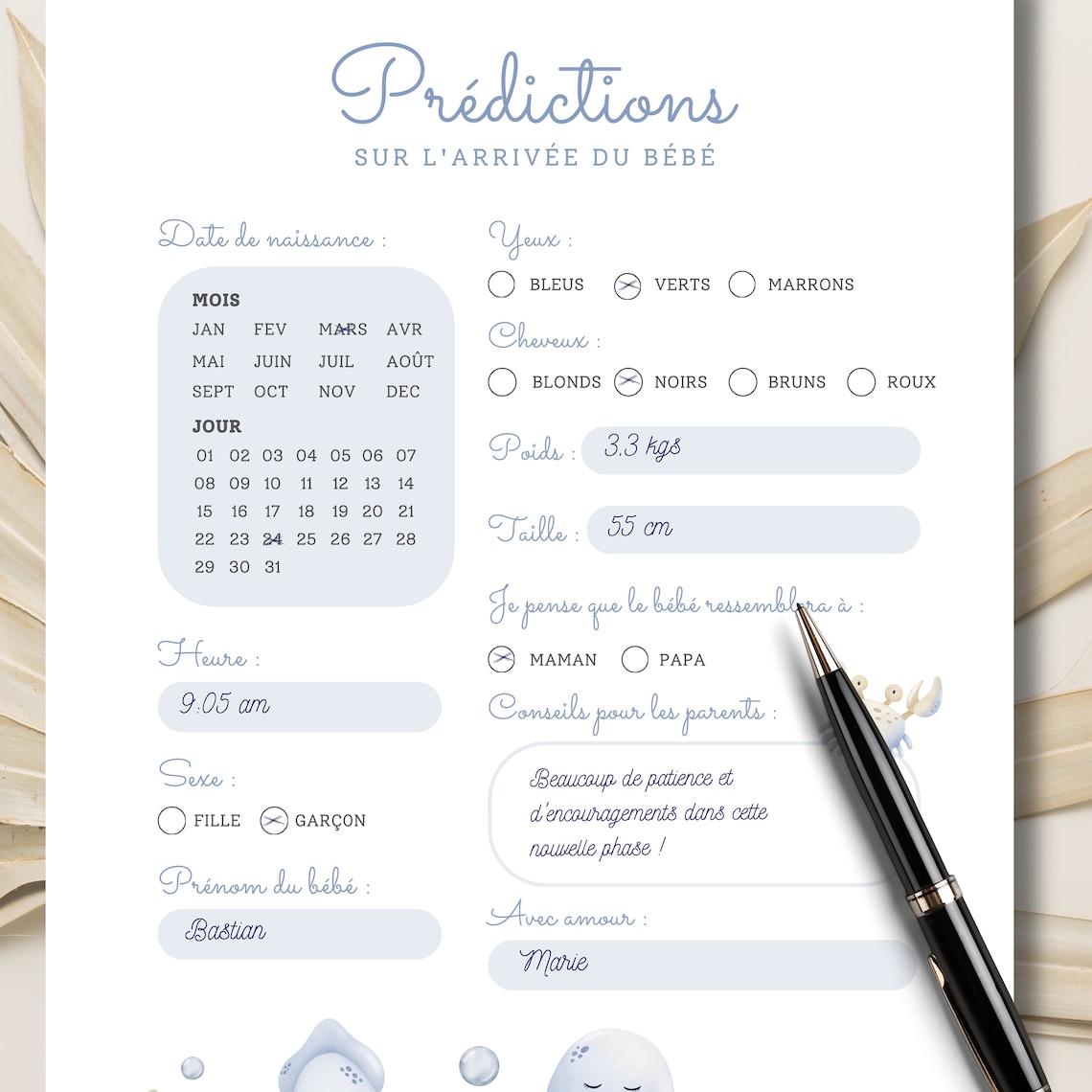Jeu Prédictions Carton Prédiction Shower De Bébé En Français Naissance ...