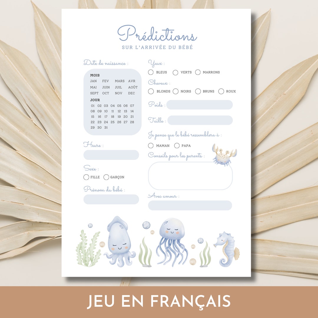 Jeu Prédictions Carton Prédiction Shower De Bébé En Français Naissance ...