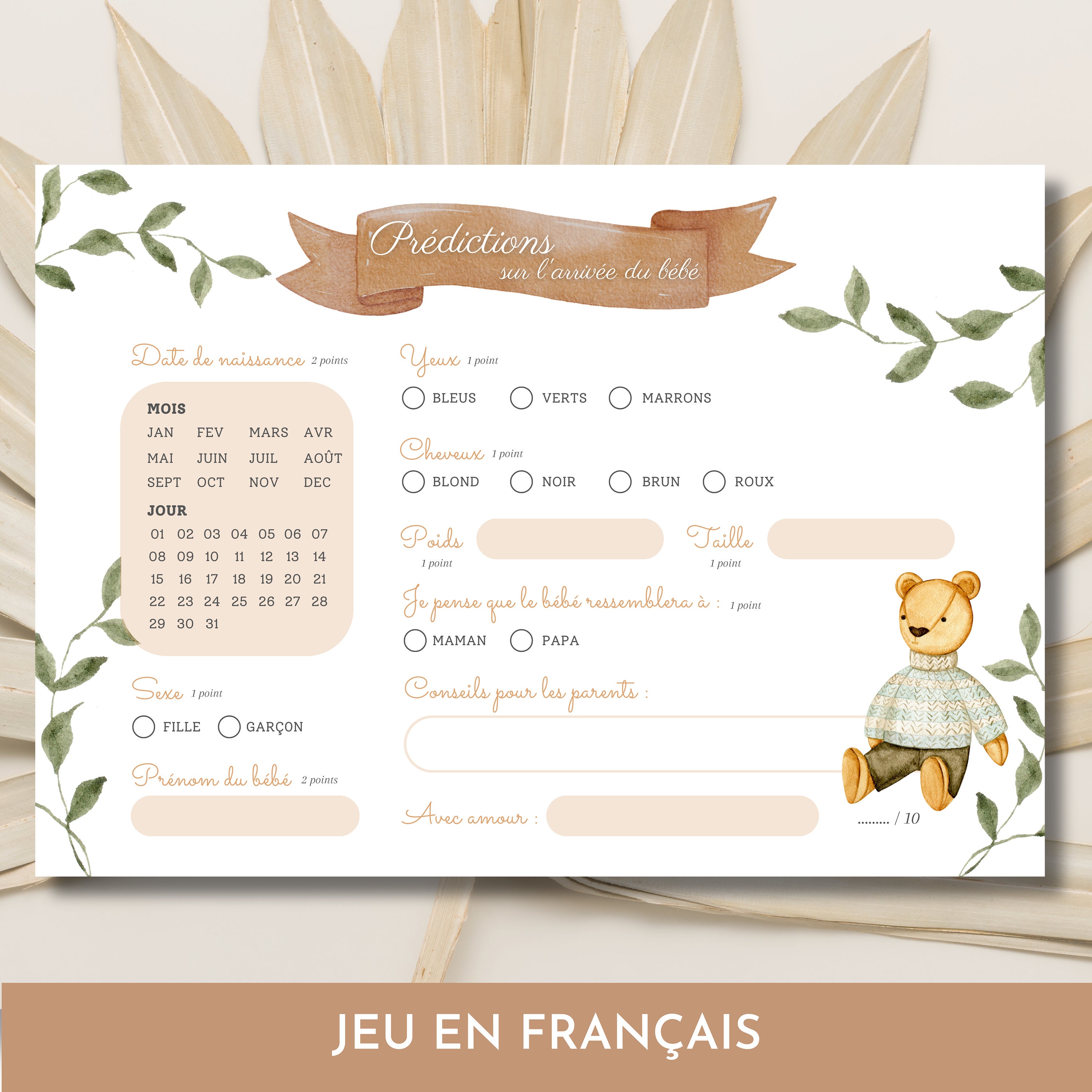 Jeu Prédictions Carton Prédiction Shower De Bébé En Français Naissance ...