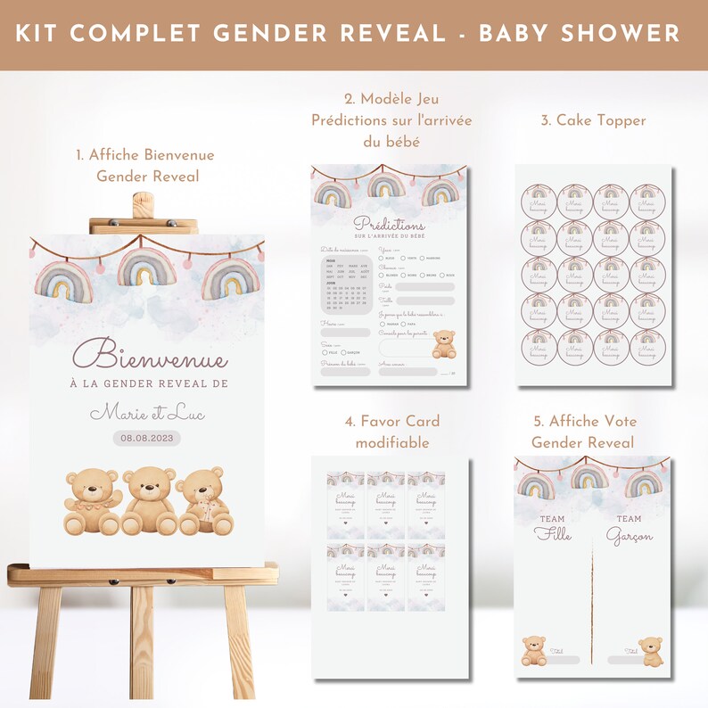 Kit Complet Gender Reveal, Jeux Baby Shower, Editable Template, Carton ...