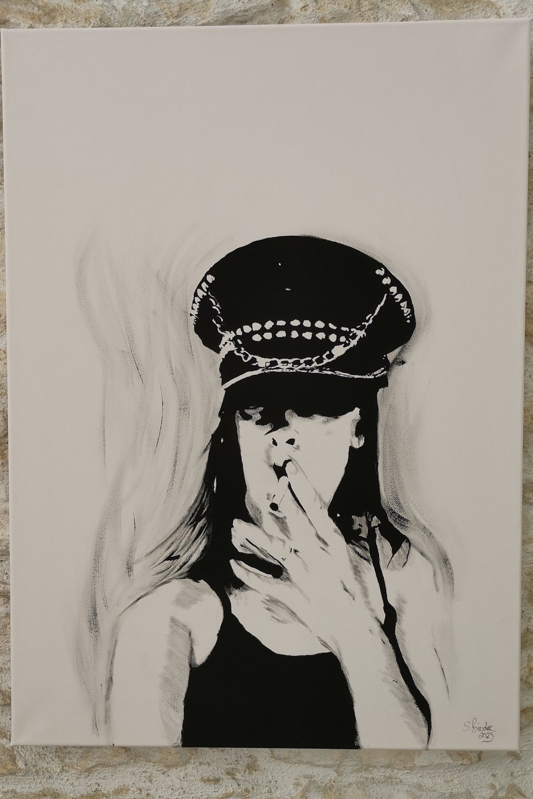 Original Painting Large Portrait Woman With Hat Smoking Acrylic Black ...