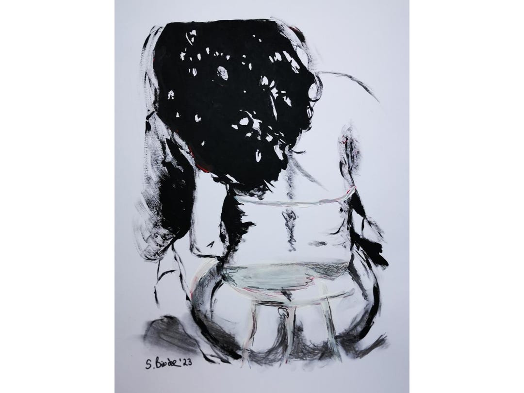 Original Nude Drawing Sitting Woman Charcoal and Acrylic on Paper Hand ...