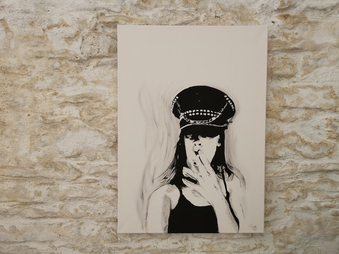 Original Painting Acrylic Large Portrait Pretty Woman With Hat Smoking ...