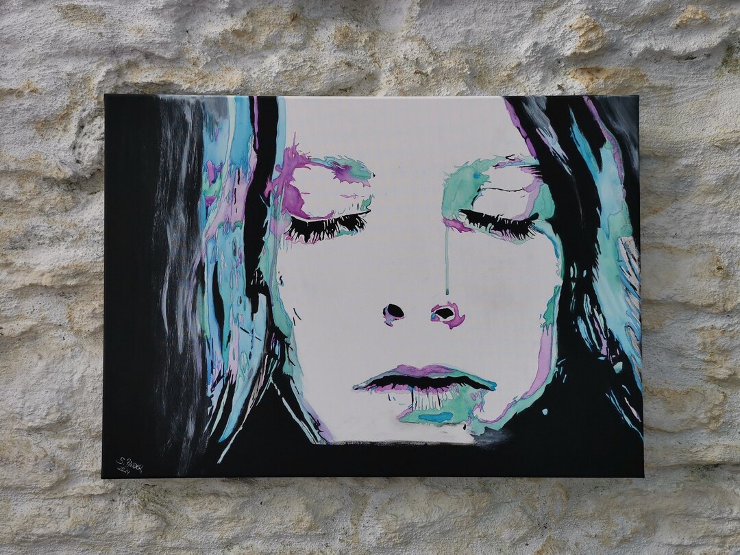 Original Painting Hand-painted Woman Face Colorful Abstract Black White ...