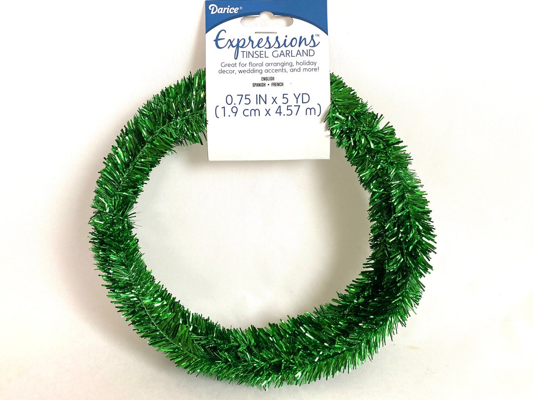 GREEN Metallic 3/4” TINSEL Garland | Darice Expressions Tinsel Garland ...