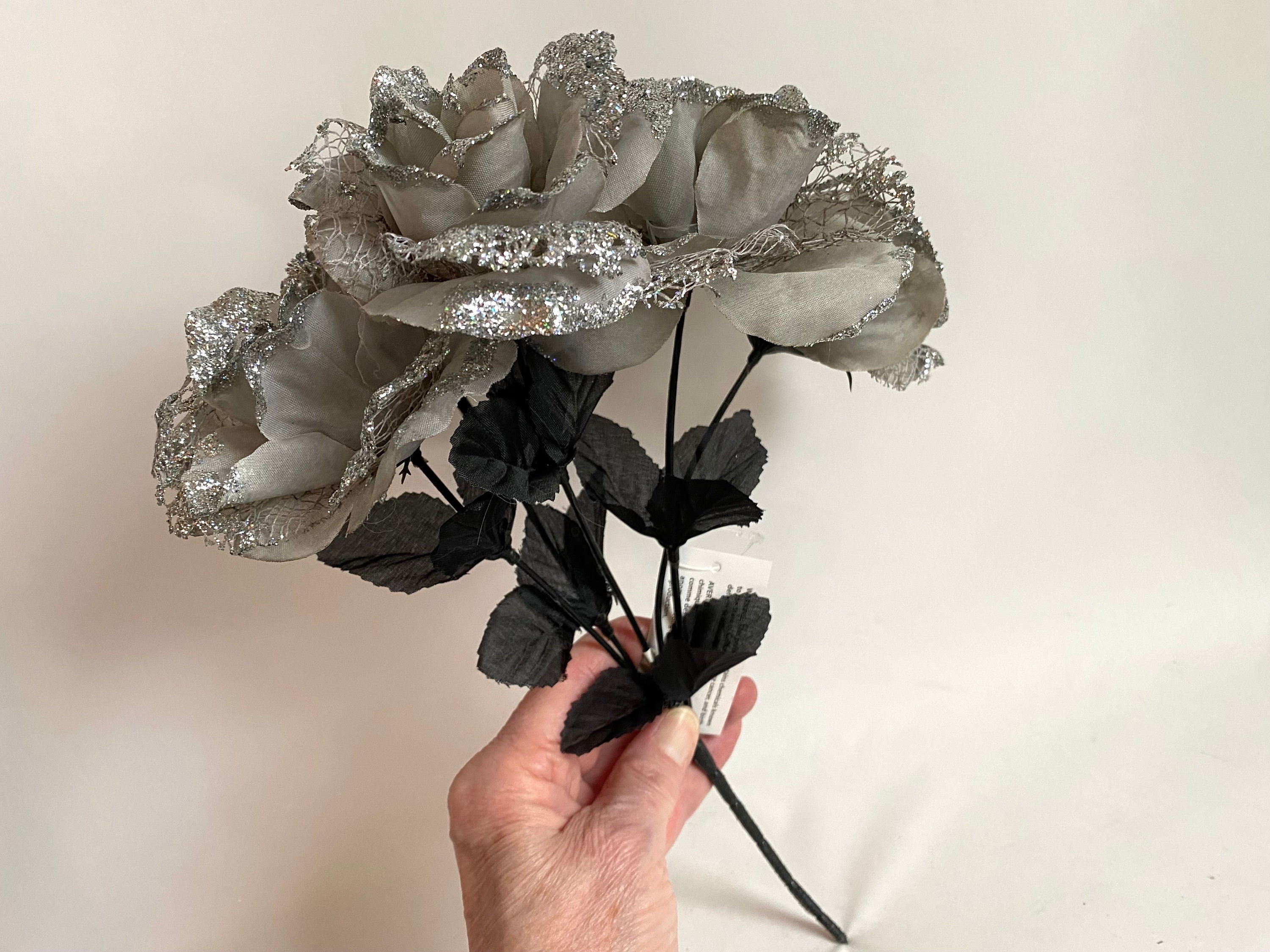 Grey ROSES With Silver Glitter Bouquet of 5 Large Silver Roses Tipped ...