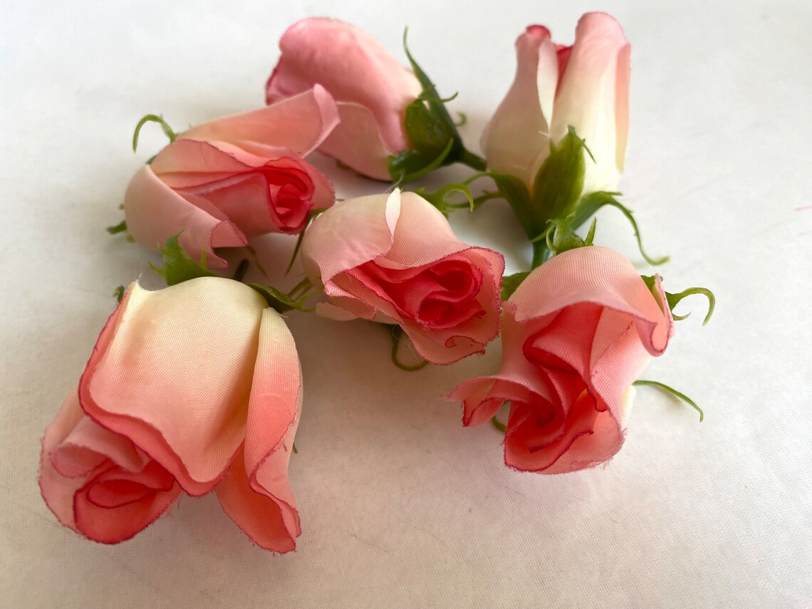 6 Pcs Vintage Artificial PINK ROSEBUDS | Faux Silk Polyester Pink Ombre ...