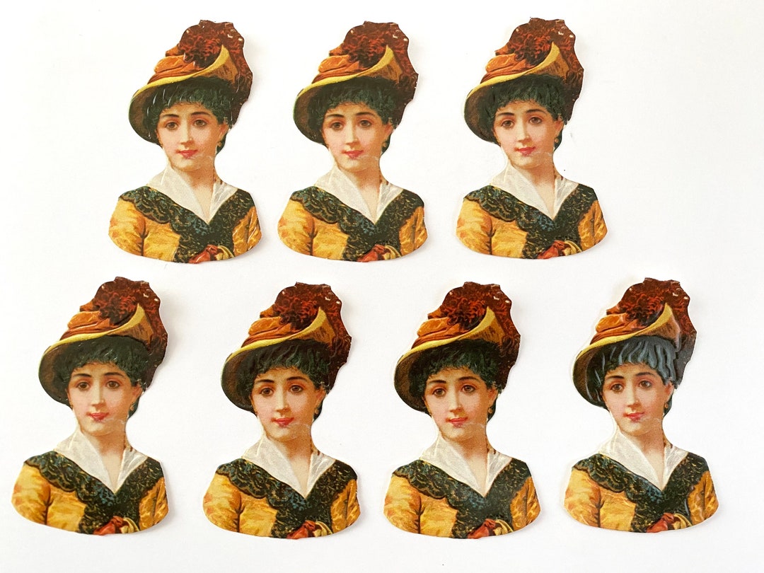 7 Pcs Vintage LADY / Gold Hat Bust Die Cut Embossed SCRAPS | Mamelok ...