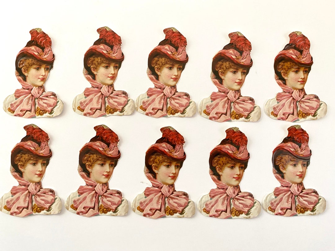 10 Pcs Vintage LADY / Pink Hat Bust Die Cut Embossed SCRAPS | Mamelok ...
