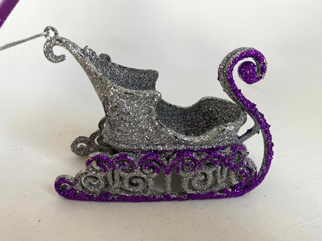 Santa SLEIGH | SILVER & Purple GLITTER Sleigh Ornament | 4.5” X 3.5” X 2” Santa Claus Sleigh for ...