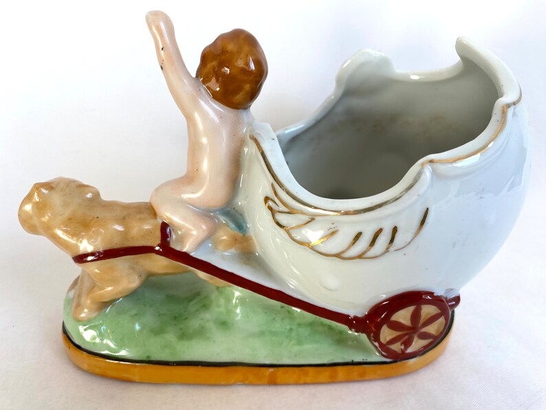 Vintage CHERUB Riding Lion Pulling Cart Figurine | Vtg Child and Lion ...