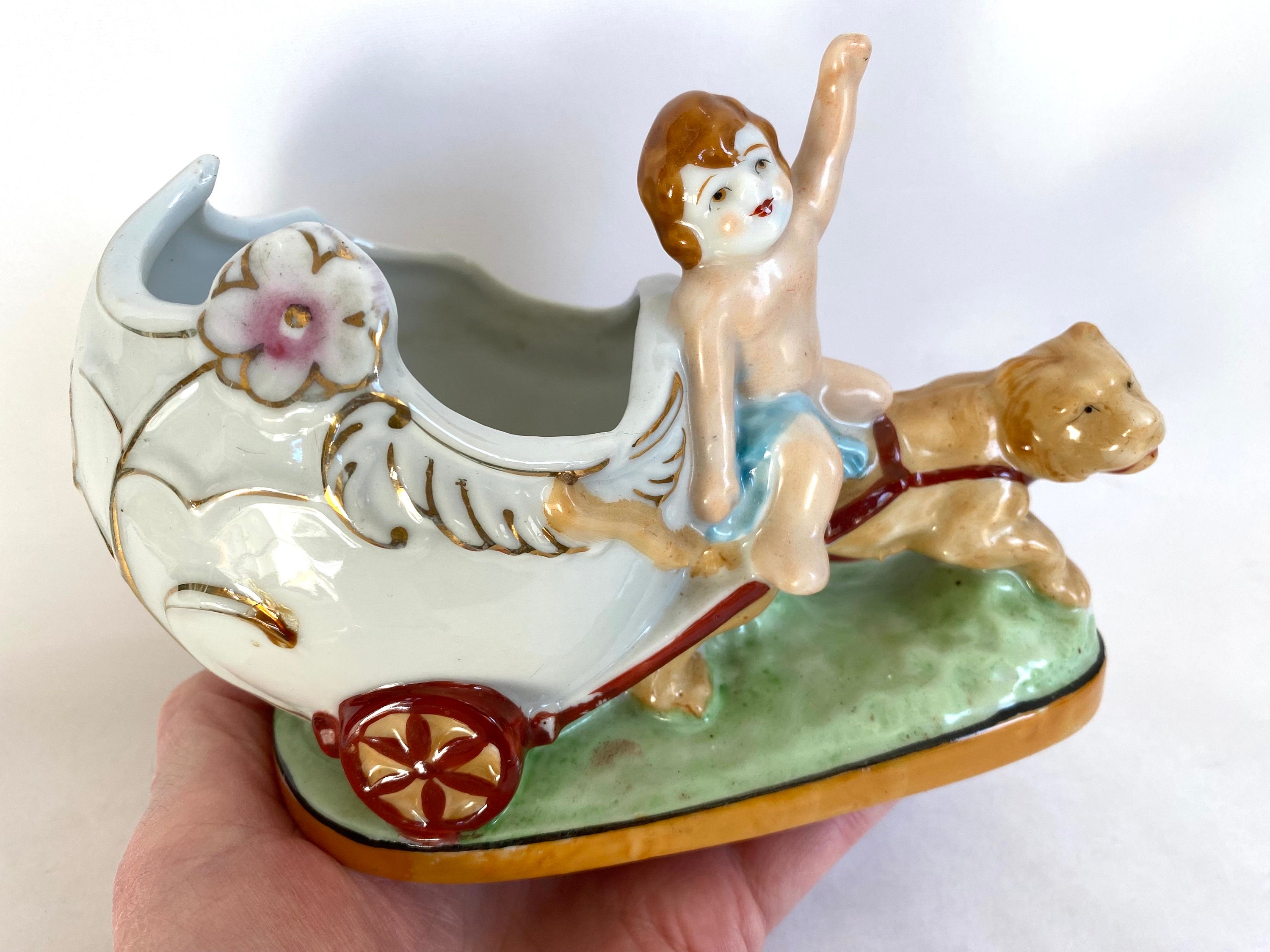 Vintage CHERUB Riding Lion Pulling Cart Figurine | Vtg Child and Lion ...