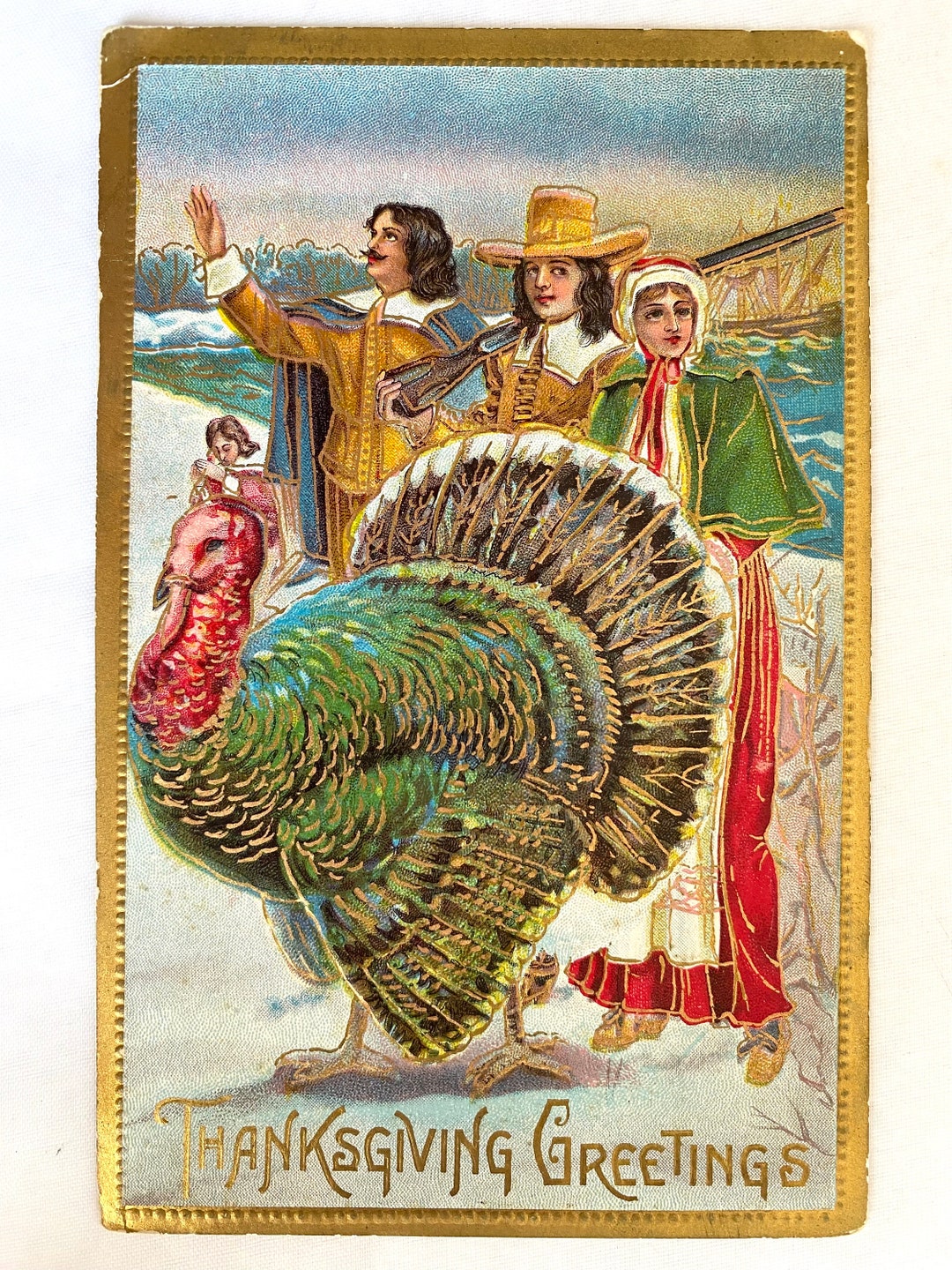 Victorian THANKSGIVING Turkey & Pilgrims W/gold Accents POSTCARD ...