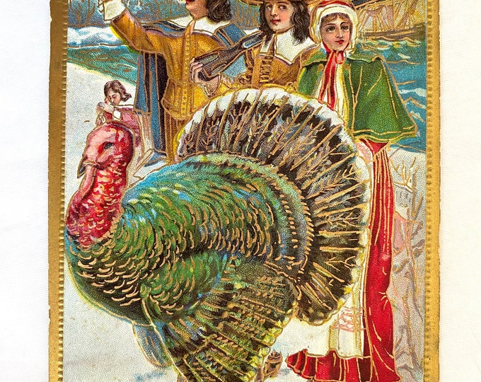 Victorian THANKSGIVING Turkey & Pilgrims W/gold Accents POSTCARD ...