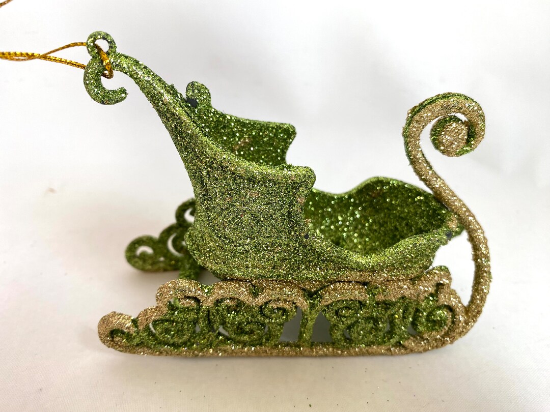 Santa SLEIGH | Lime GREEN & Gold GLITTER Sleigh Ornament | 4.5” X 3.5 ...