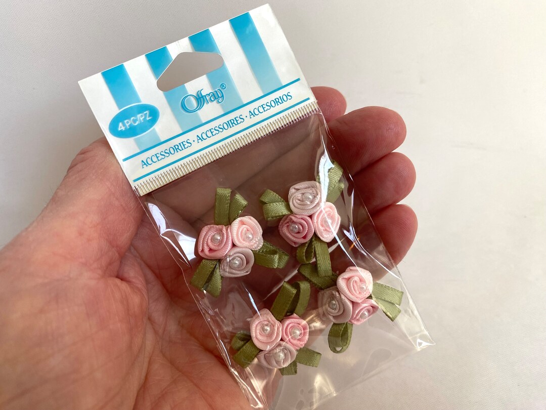 4 Pcs Tricolor ROSES With Pearls | PINK / Lavender Satin RIBBON Roses ...