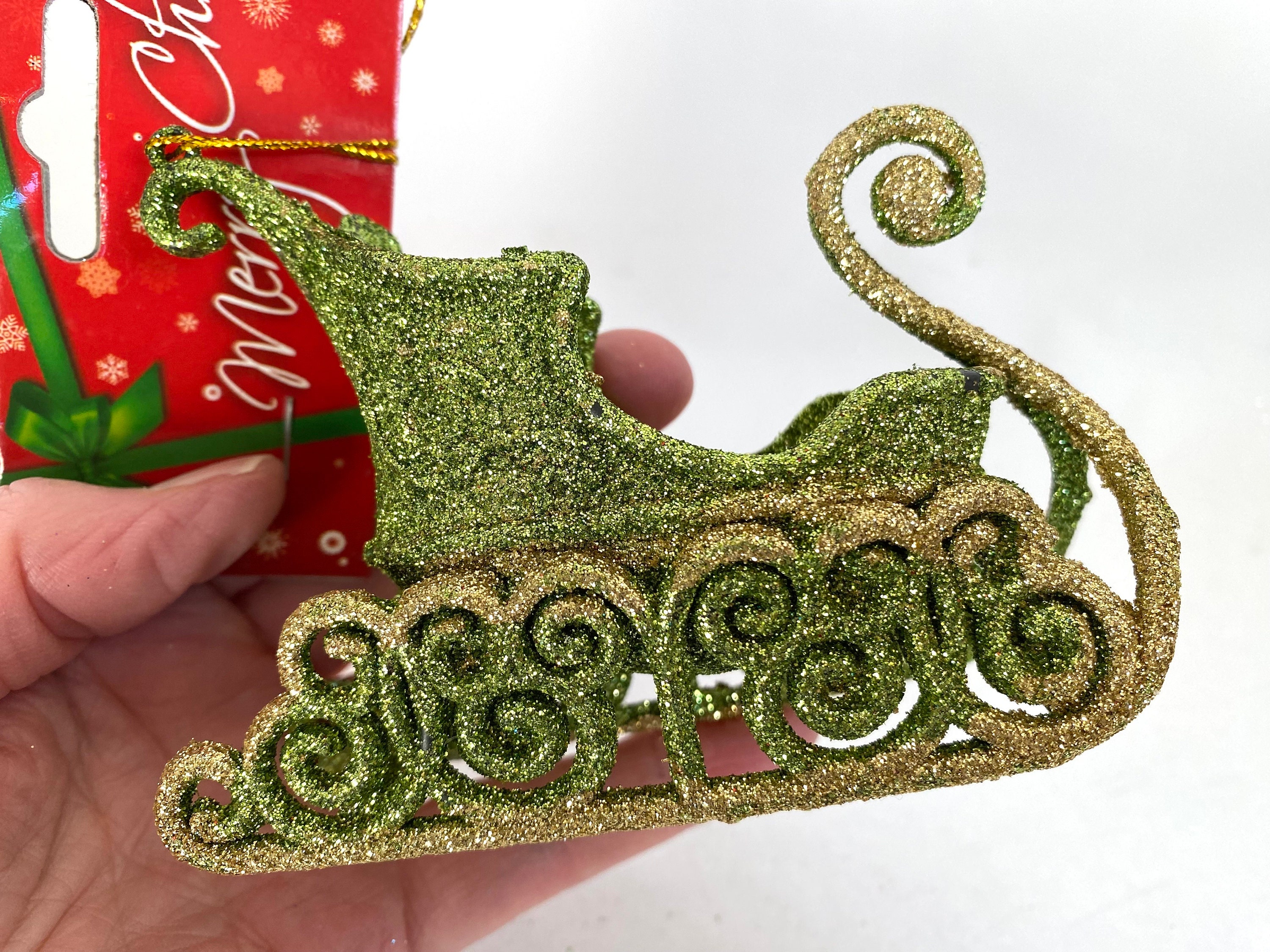 Santa SLEIGH | Lime GREEN & Gold GLITTER Sleigh Ornament | 4.5” X 3.5 ...