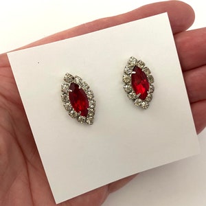 Vintage RUBY Red RHINESTONE EARRINGS Vtg Silver-plated Red Navette Jewel Edged With Rhinestones ...