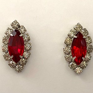 Vintage RUBY Red RHINESTONE EARRINGS Vtg Silver-plated Red Navette Jewel Edged With Rhinestones ...