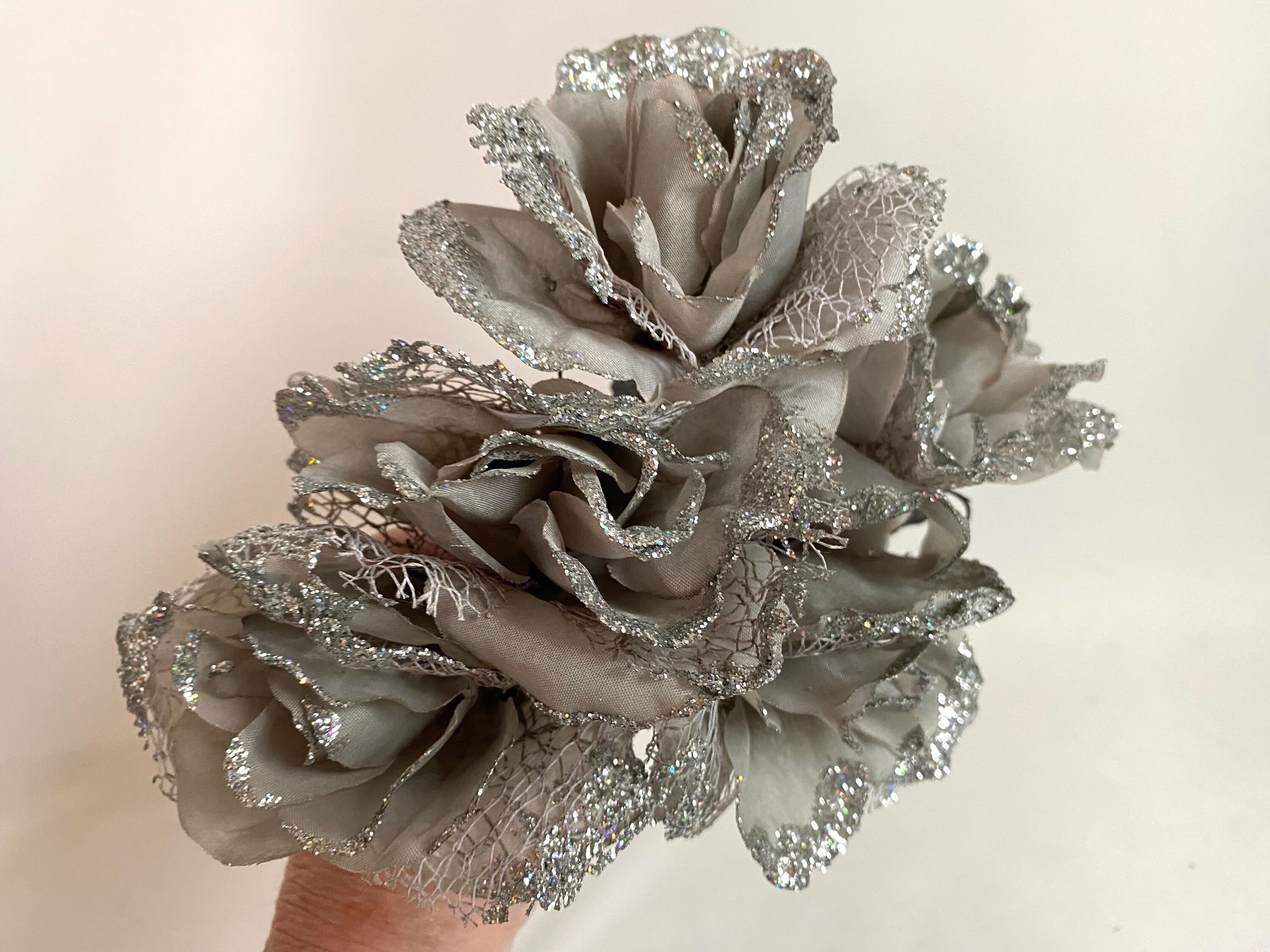 Grey ROSES With Silver Glitter Bouquet of 5 Large Silver Roses Tipped ...