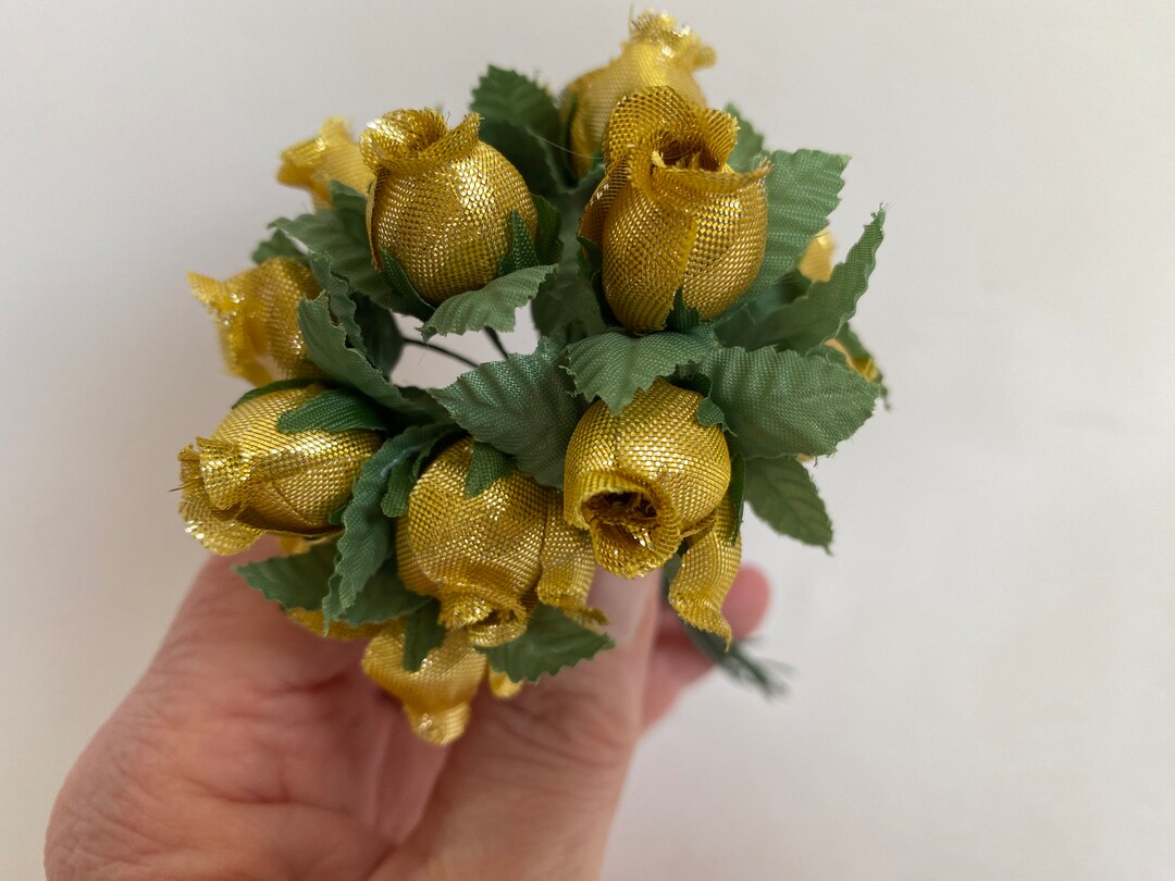 12 Pcs Vintage Artificial GOLD LAME Silk ROSE Buds | Mini Bouquet of 12 ...